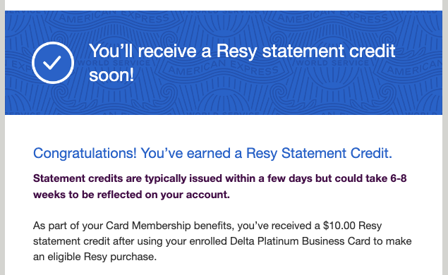 Delta/Amex Resy Credit: Statement credit for dining with Resy restaurants